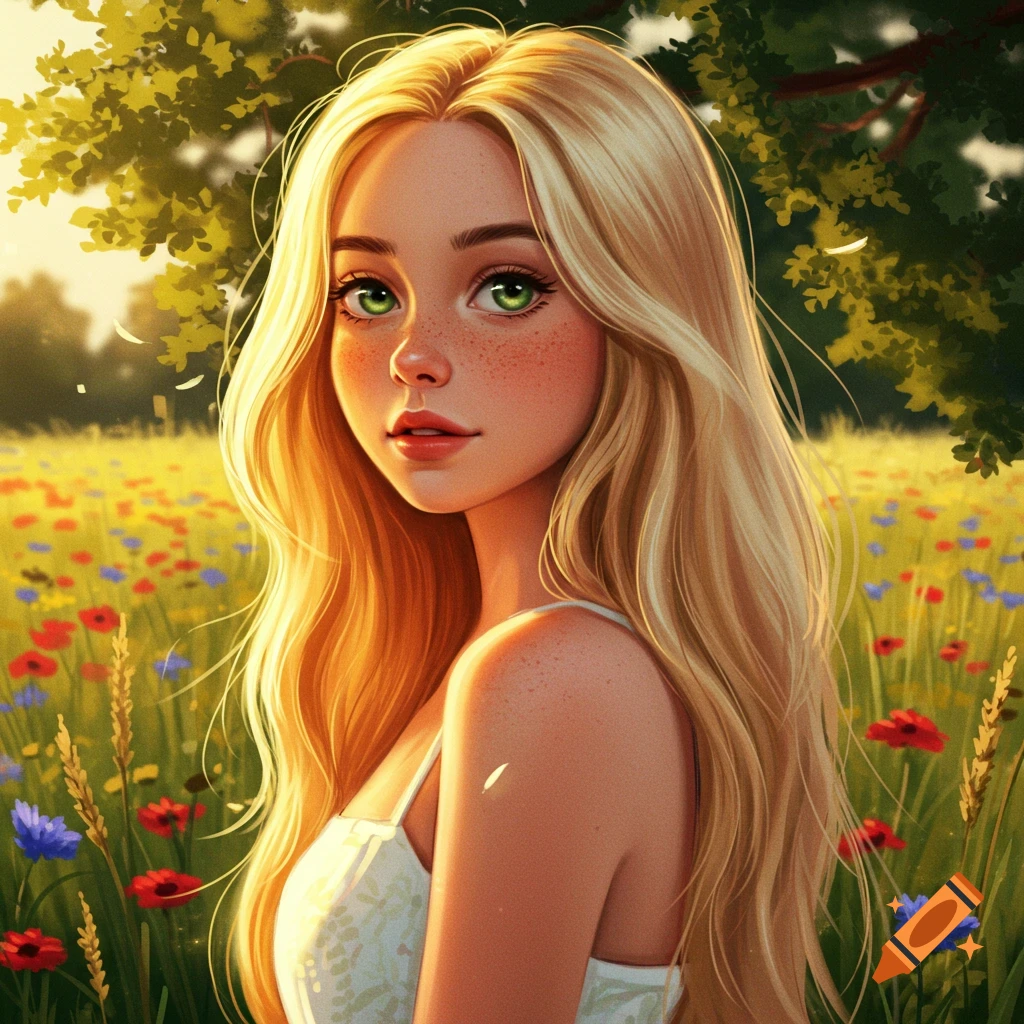 A digital painting of a blonde woman with striking green eyes, standing ...