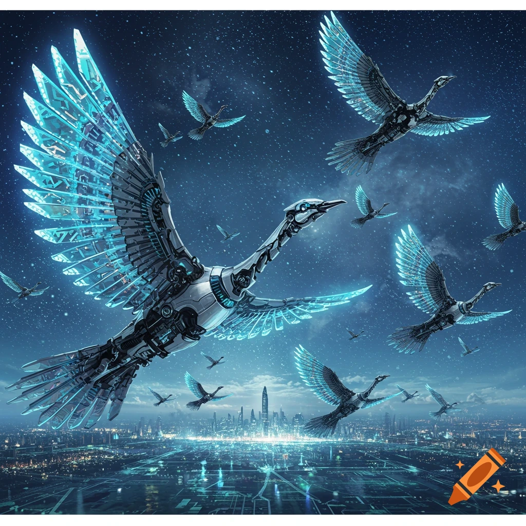A flock of glowing blue and silver robotic birds soars over a ...