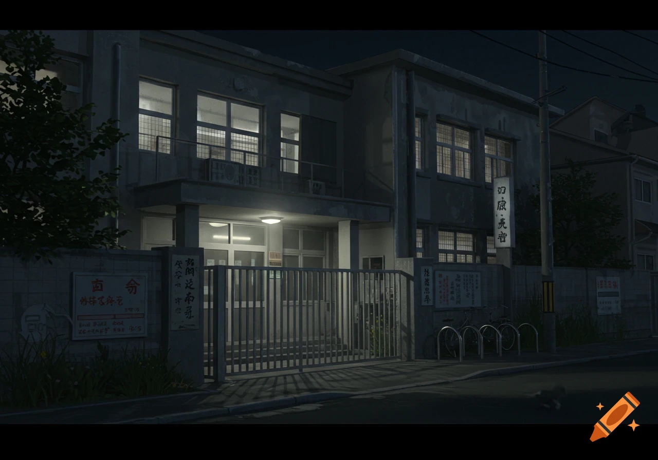 Nighttime view of a Japanese school building with lights on inside, a ...