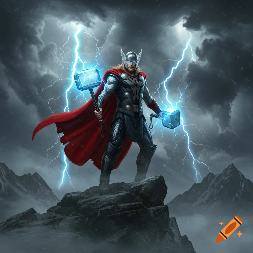 A stylized fist holds Thor's hammer, Mjolnir, as a bolt of lightning ...
