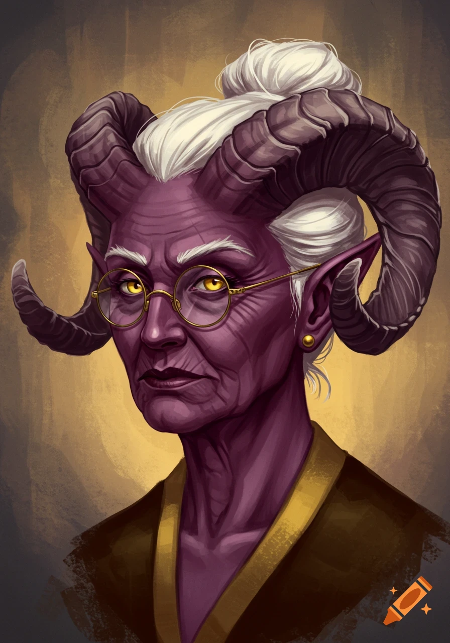 Portrait of an elderly purple-skinned tiefling woman with ram horns ...