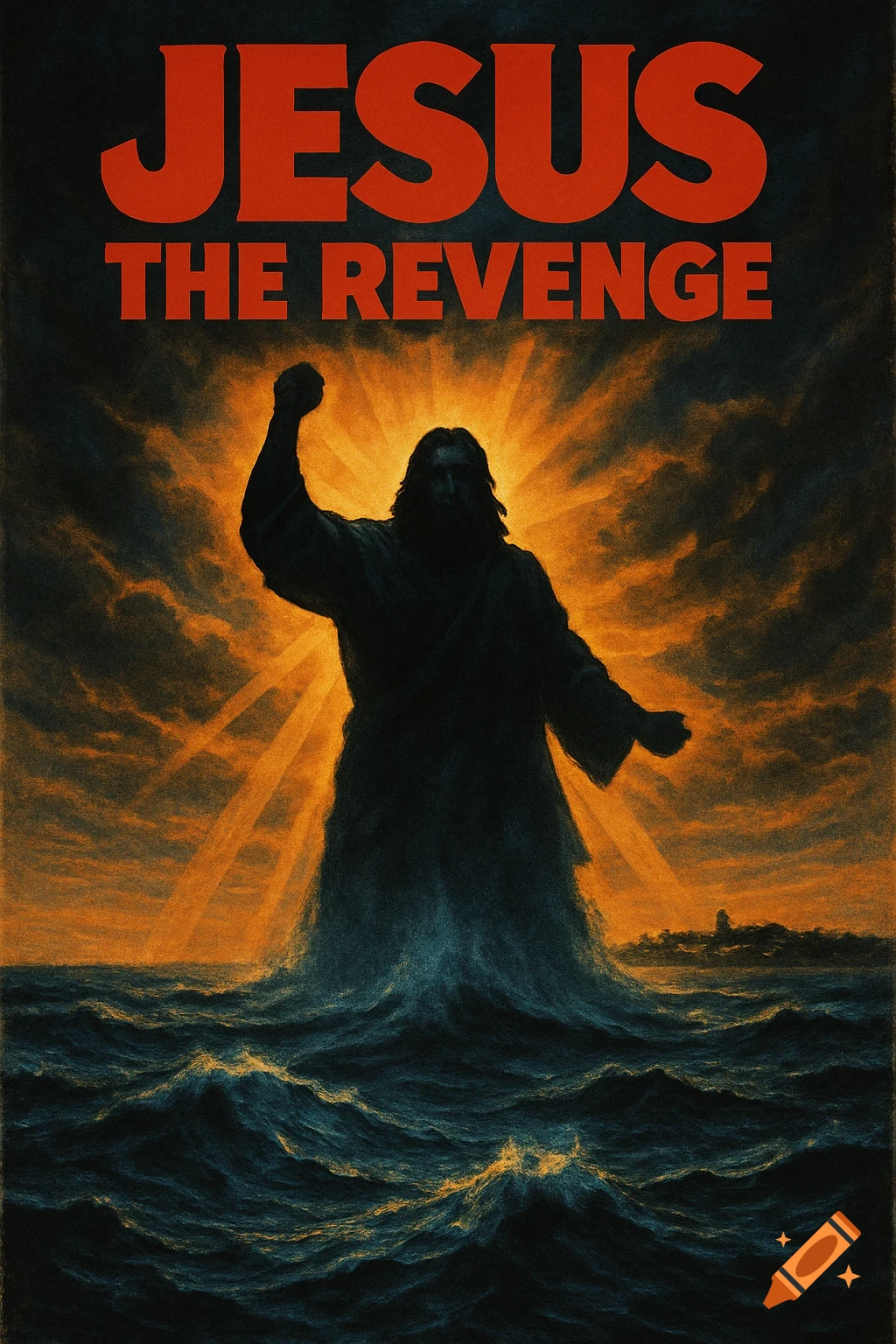 Movie poster of a dramatic silhouette of Jesus rising from stormy waters under a fiery sky. Text ...