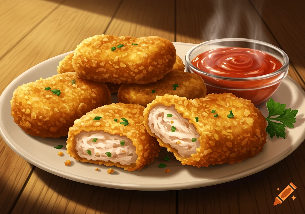 A plate of golden-brown chicken nuggets, some cut open to show the ...