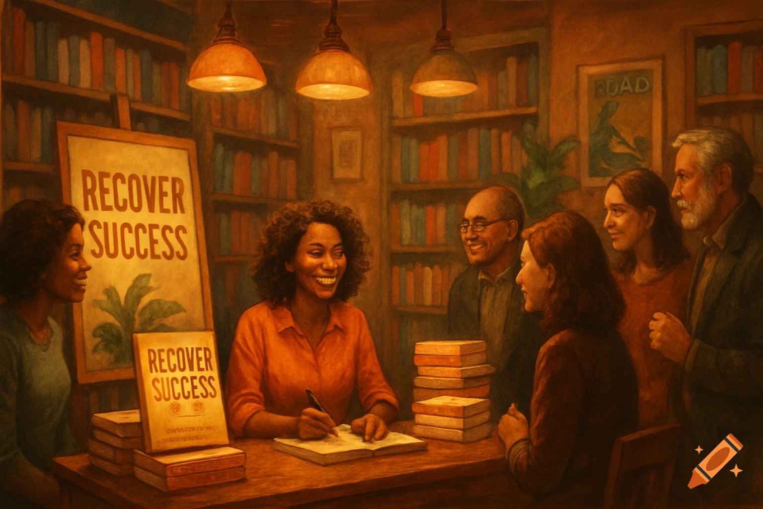 A painting of a book signing event in a cozy bookstore. A woman with ...