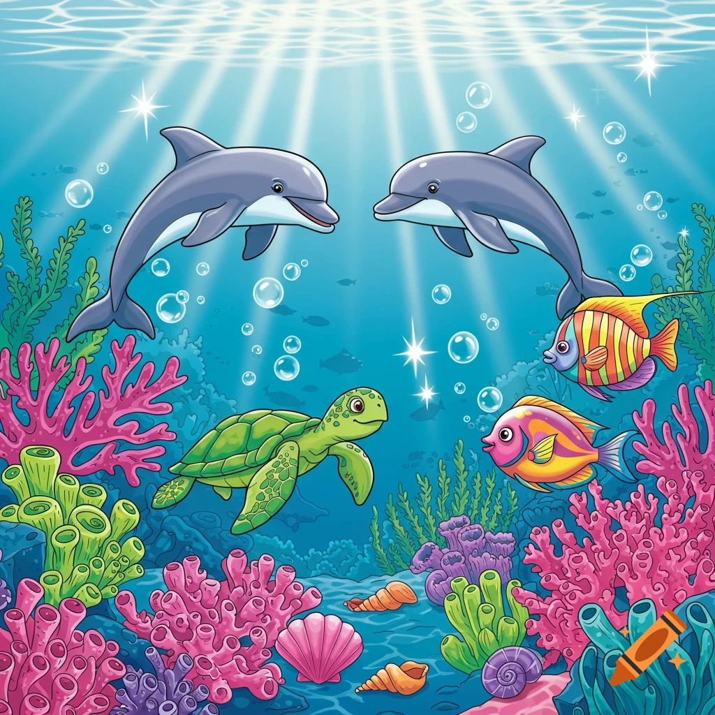 Cartoon underwater scene with two dolphins, a sea turtle, and colorful ...