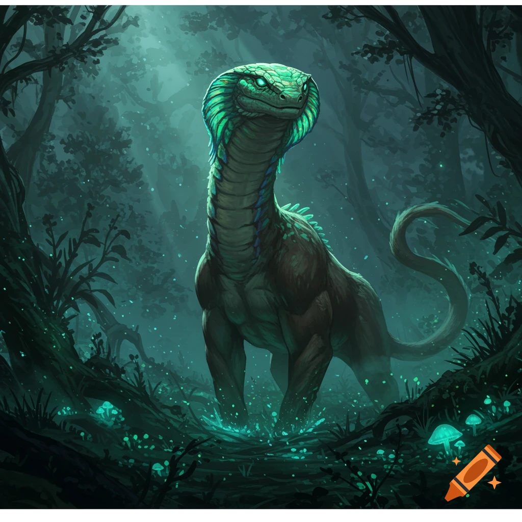 A fantasy creature with a green snake head and muscular body stands in a dark, glowing forest ...