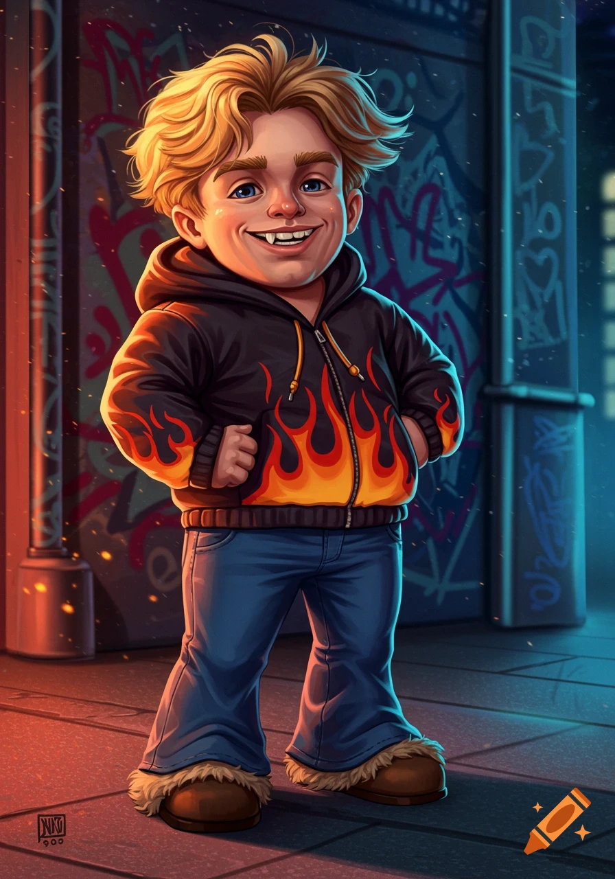 A cartoon boy with blonde hair and buck teeth, wearing a black flame ...