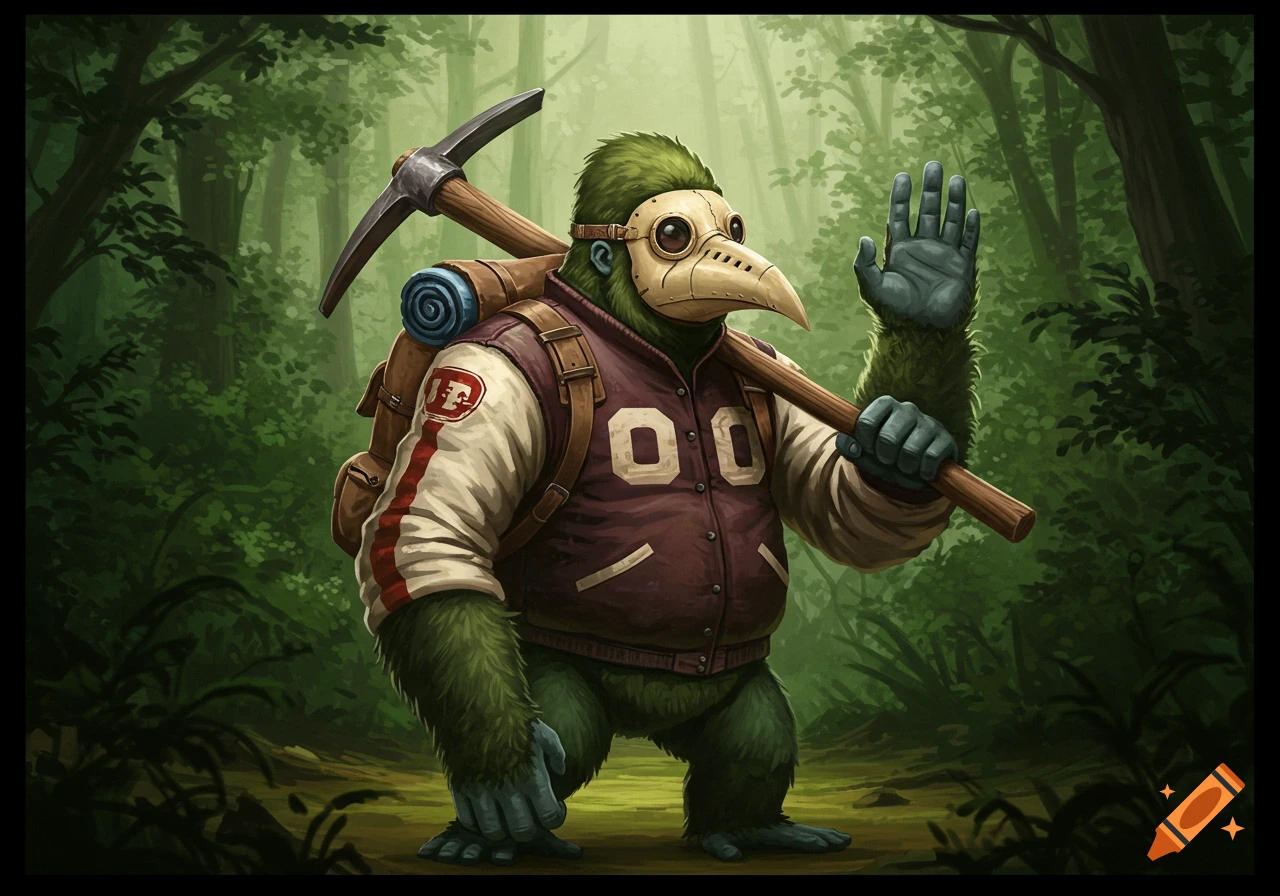 A cute Ewok-like creature in a lush forest stands next to a carved ...