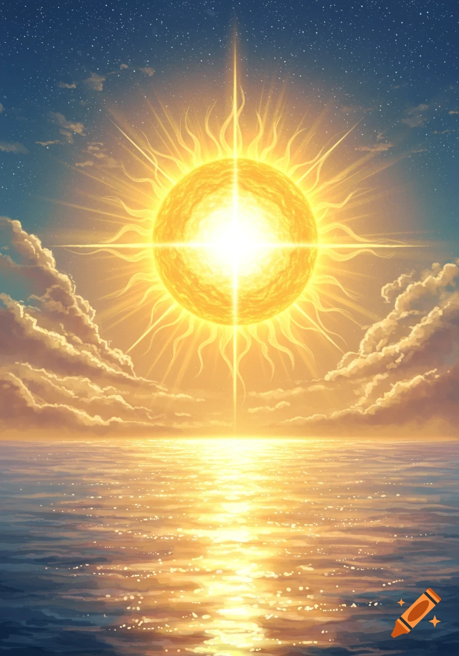 Golden sun rays burst through dramatic dark clouds in a stylized sky ...