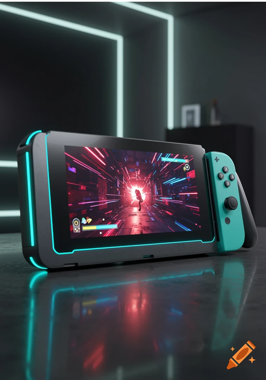 A close-up shot of a Nintendo Switch console in a dark room with neon ...