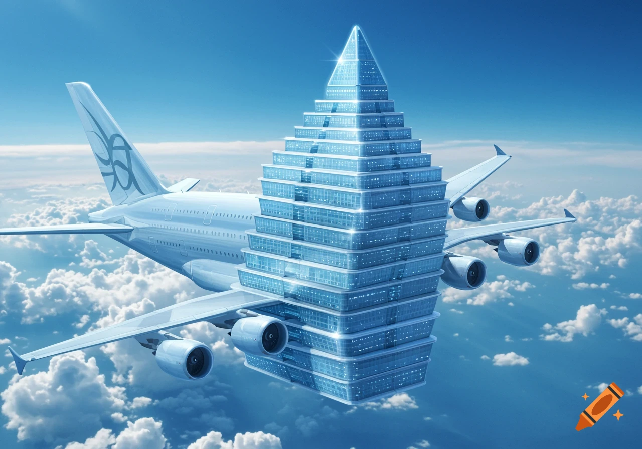 A photorealistic image of a large white A380 airplane flying with a ...