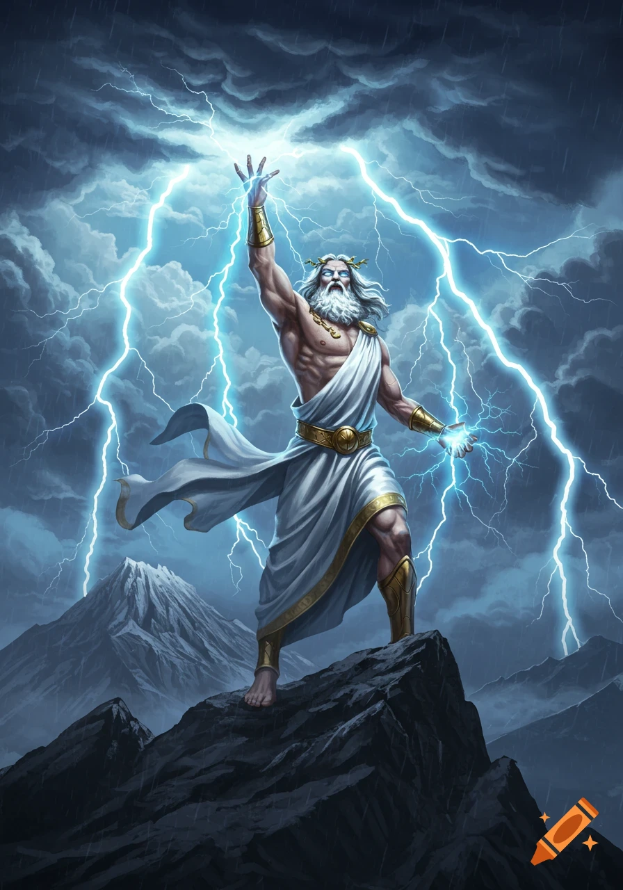 Zeus, holding a lightning bolt, stands with a goddess on a rocky ...