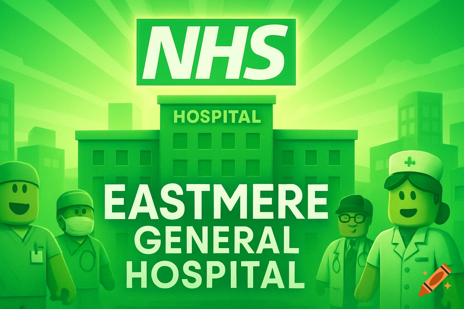 A green Roblox-themed banner showing a hospital building with 'Eastmere ...