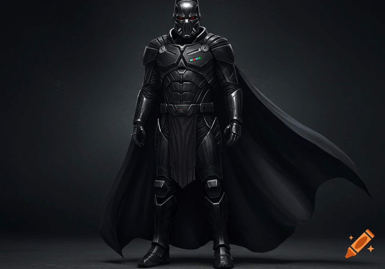 A full body shot of a towering figure in sleek black armor with a ...