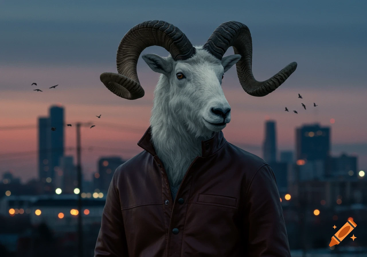 A ram-like creature with a hump and large horns stands in a burnt landscape with fire. on Craiyon