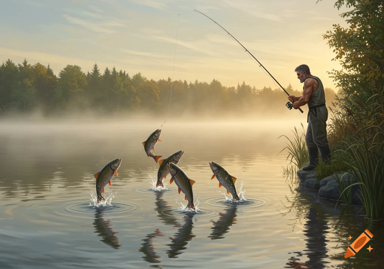 A man stands on the misty bank of a lake, fishing, as five fish jump ...