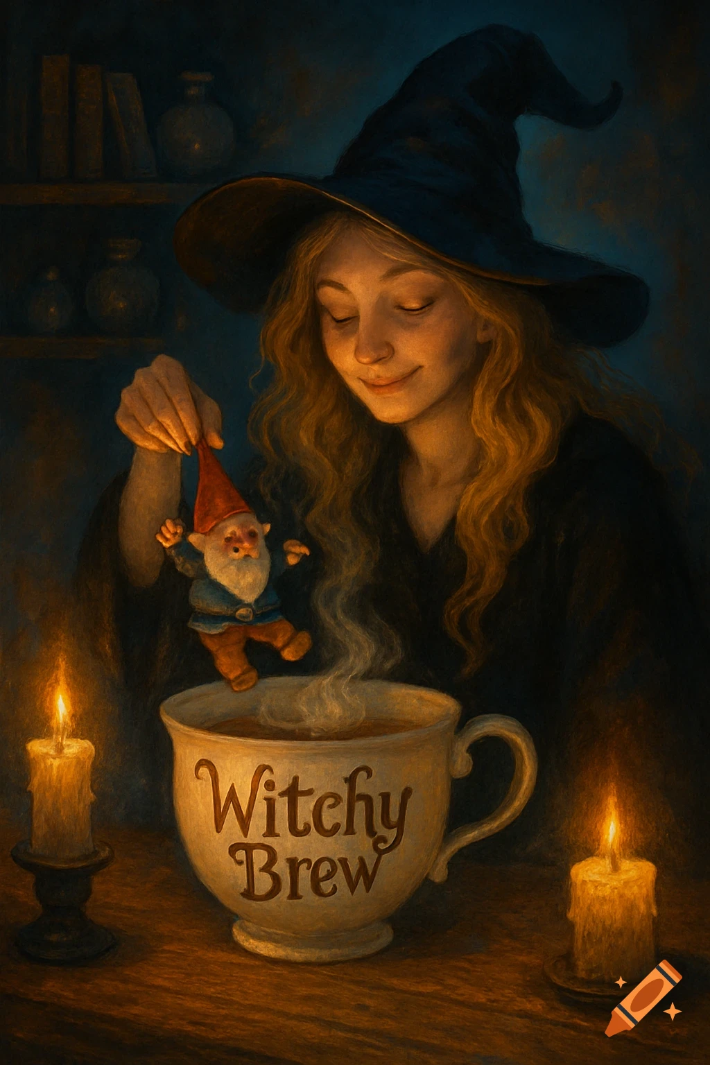 A happy witch in a pointy hat dunks a tiny gnome into a steaming mug ...