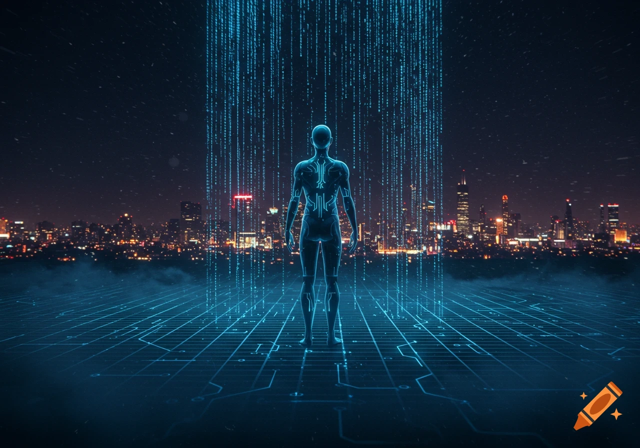 A glowing blue digital humanoid figure stands against a dark background of swirling binary code ...