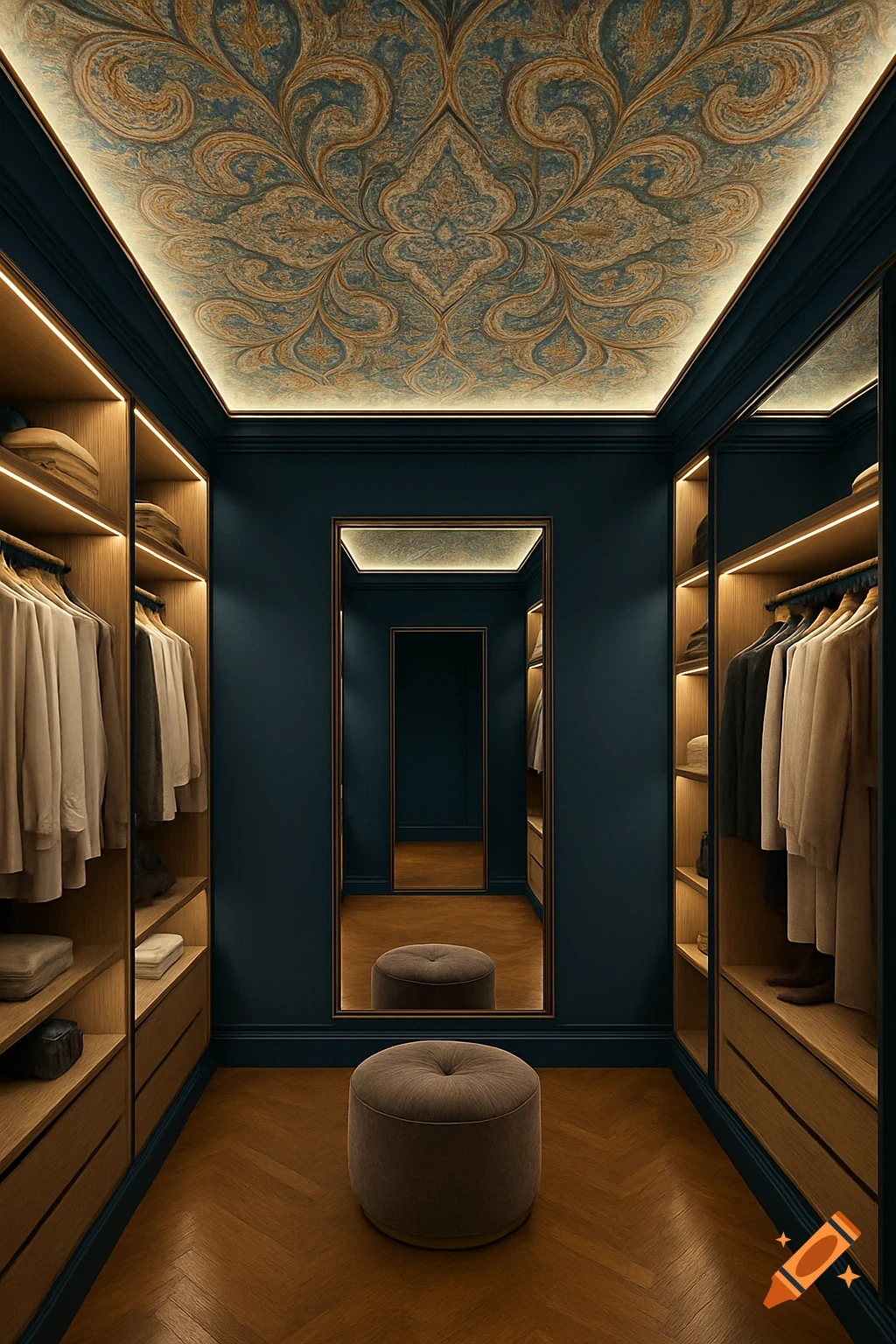 A luxurious walk-in closet with dark teal walls, a patterned ceiling ...