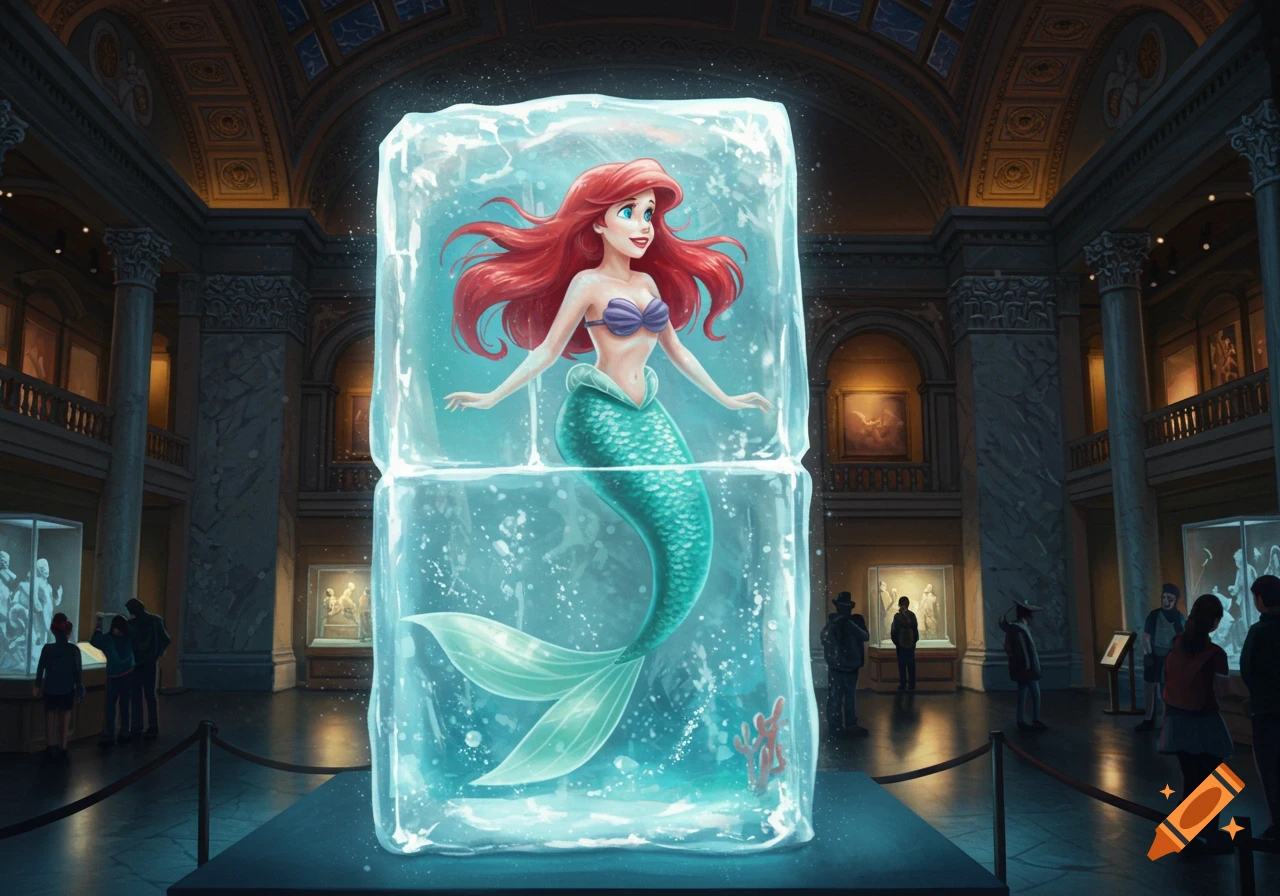 Ariel, the Little Mermaid, is trapped within a large, glowing ice ...