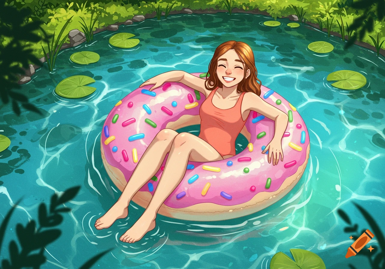 A cheerful, smiling cartoon girl floats on a pink donut pool floatie in a calm pond with lily ...