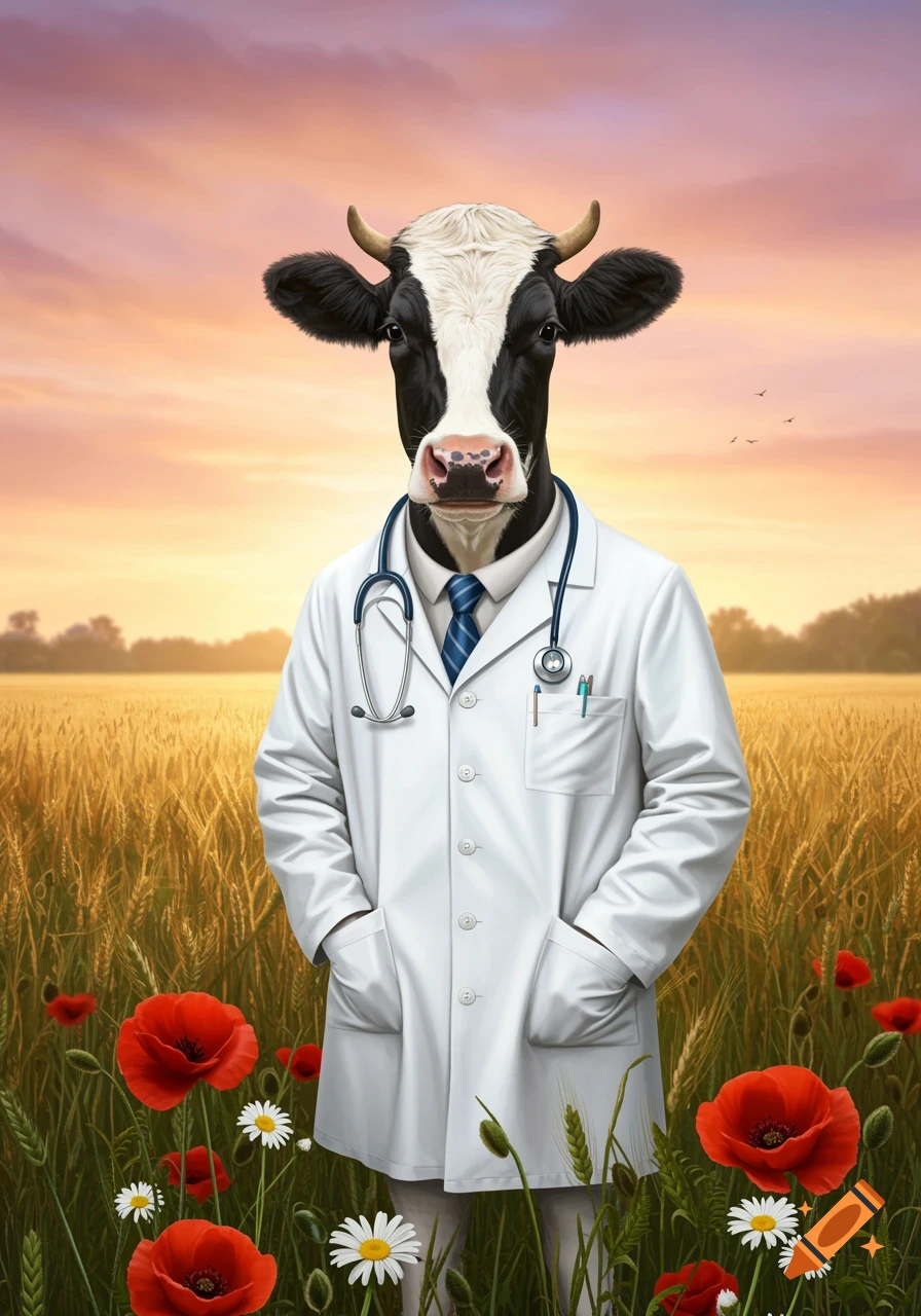 A photorealistic black and white cow with sharp, pointed teeth stands ...