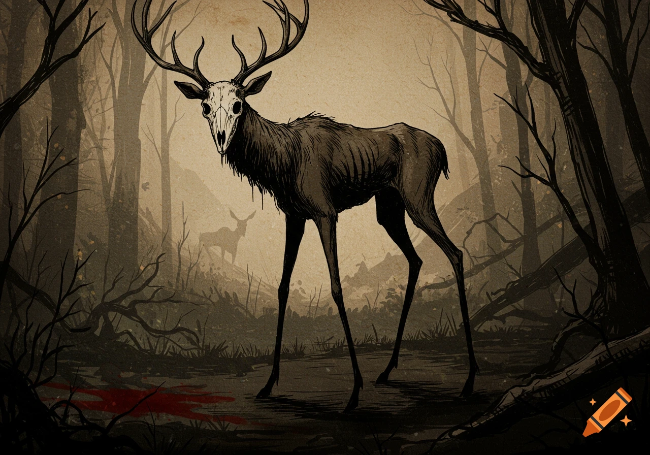 A stylized drawing of a skeletal deer-like creature with antlers and ...