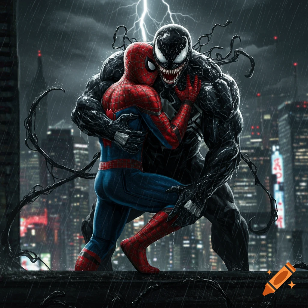 Venom and Spider-Man fight in a city skyline, vintage comic style. on ...