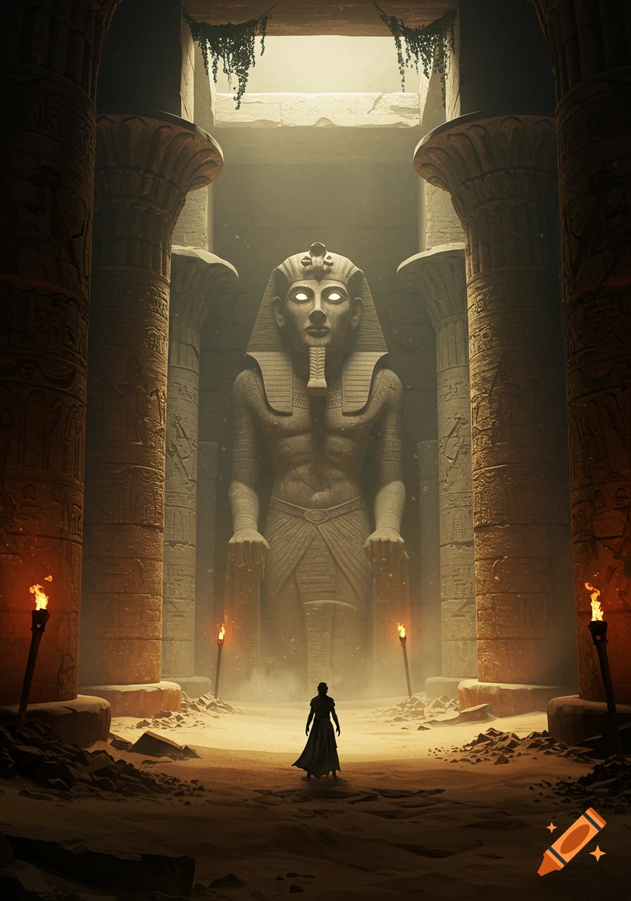 Colossal dark spire atop a tiered ancient structure with glyphs in a ...