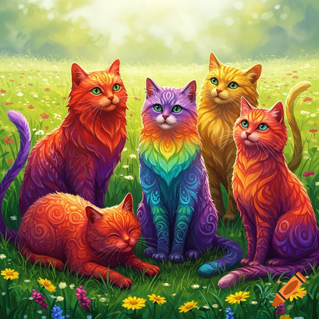 Five vibrantly colored cats with intricate patterns sit and lie in a ...
