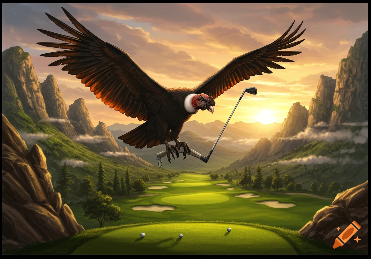 An artistic illustration of a large condor flying over a golf course at ...