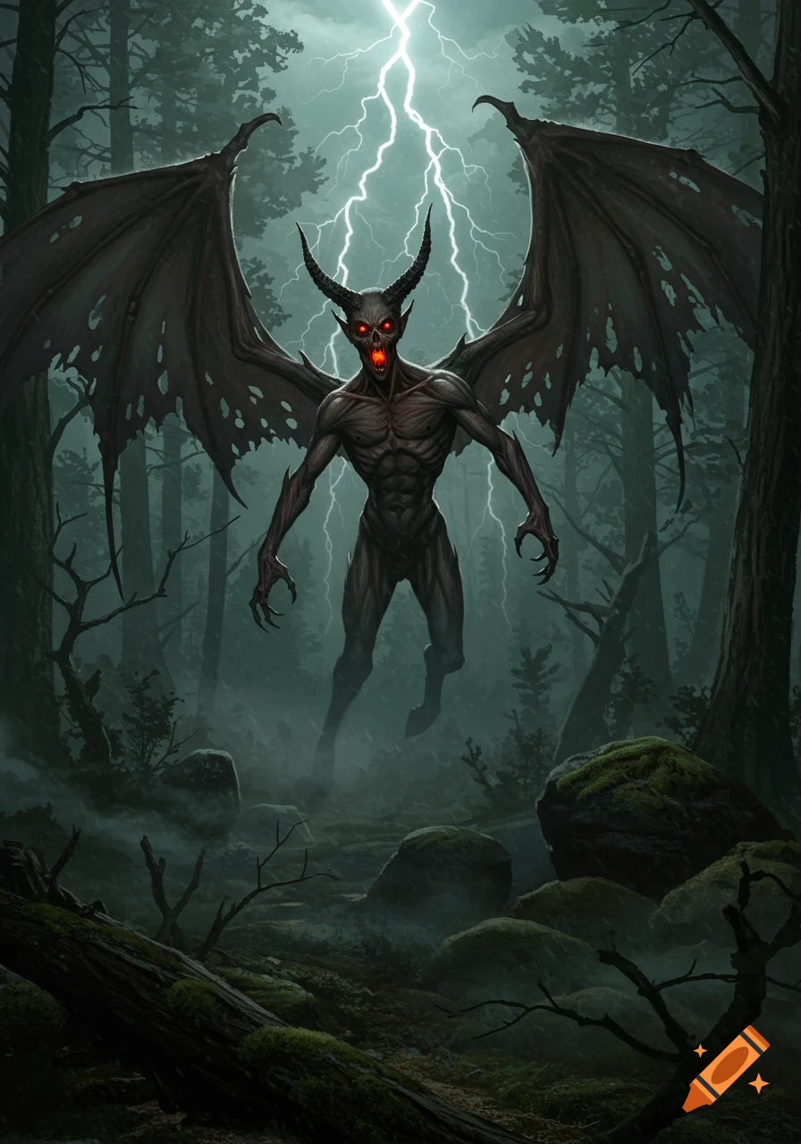 A dark fantasy owl-spider creature with runic wings stands on rocks under a crescent moon in a ...