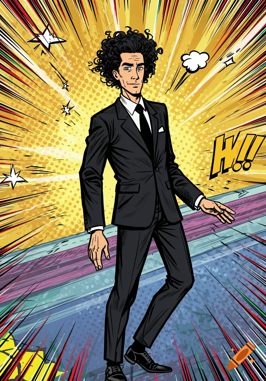 Cartoon Mr. Bean in a black top hat and long coat stands on a sandy ...