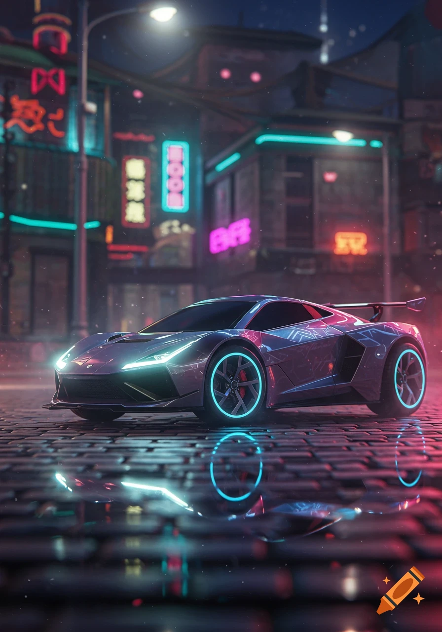 A sleek, futuristic sports car with glowing blue wheels and headlights ...