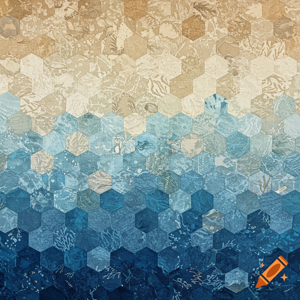 Ombre hexagon quilt pattern with sandy beige at the top transitioning to deep blue at the bottom ...