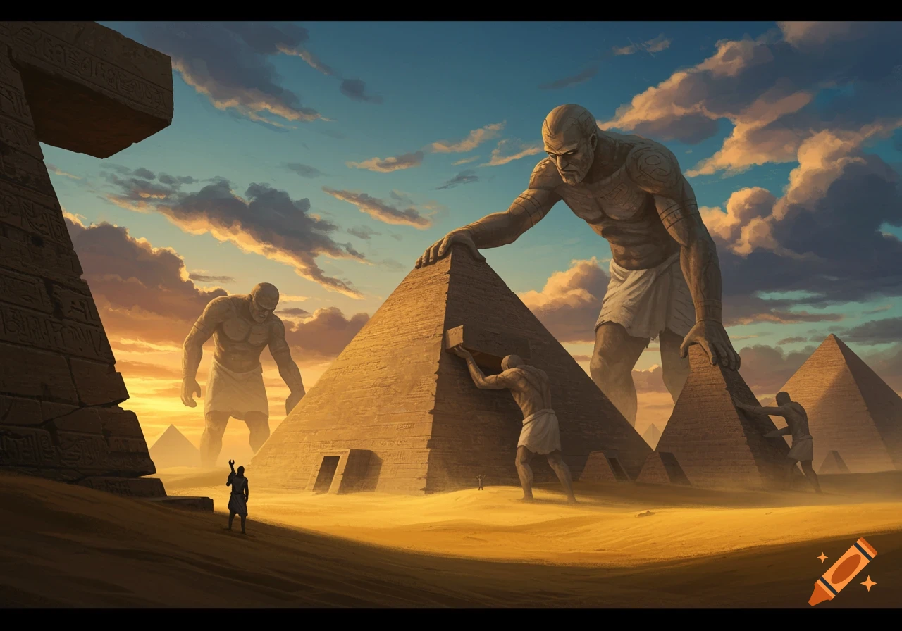Gigantic figures and smaller humans constructing pyramids in a vast ...