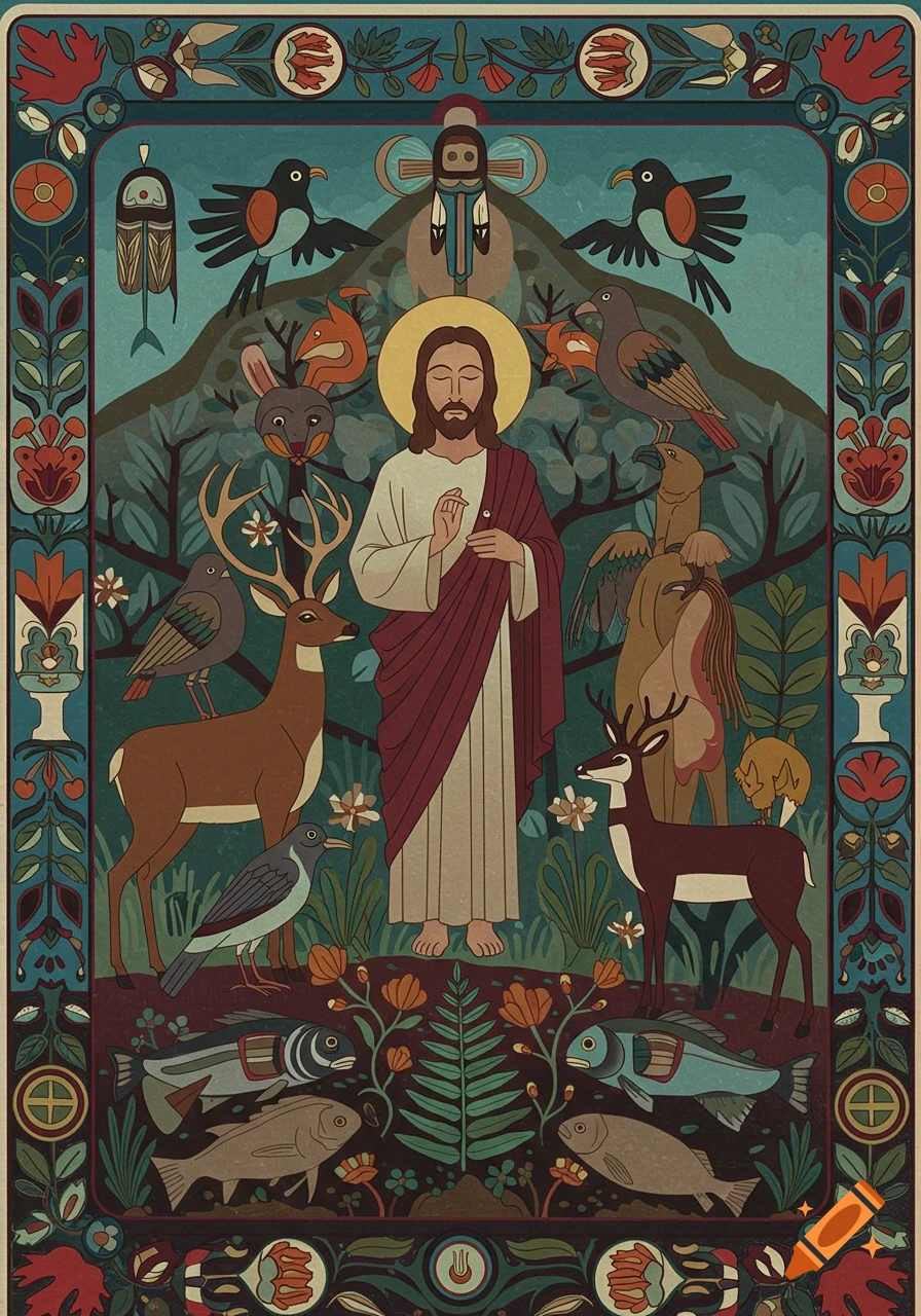 A colorful, stylized illustration of Jesus surrounded by animals and ...