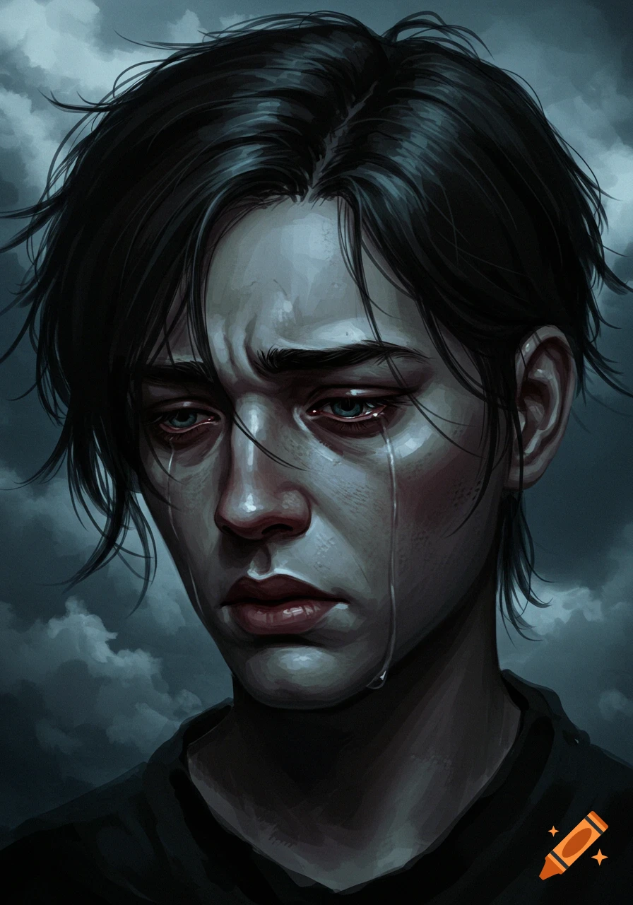 Close-up digital painting of a young man crying with tears streaming ...