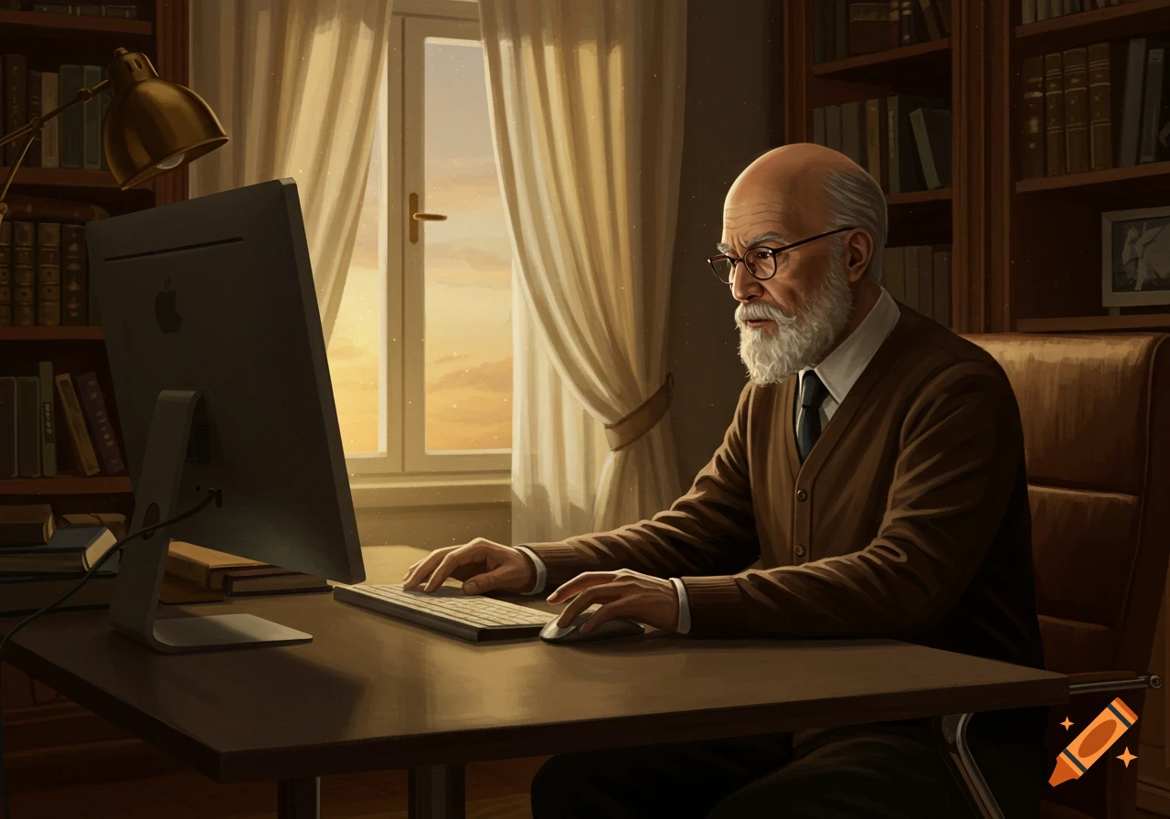 An illustration of a bald man with round glasses, wearing a striped ...