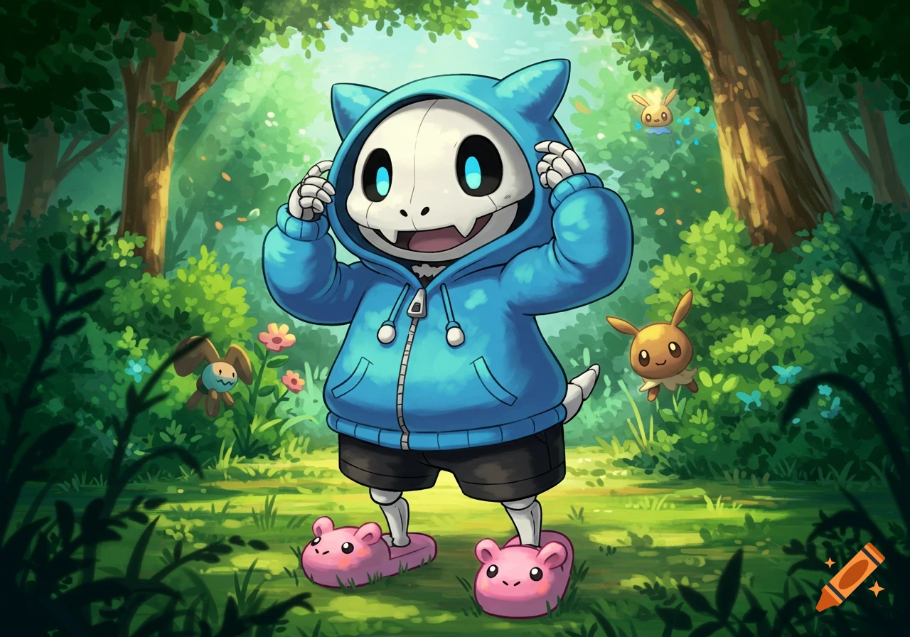 A cute skeleton character wearing a blue hoodie and pink slippers ...