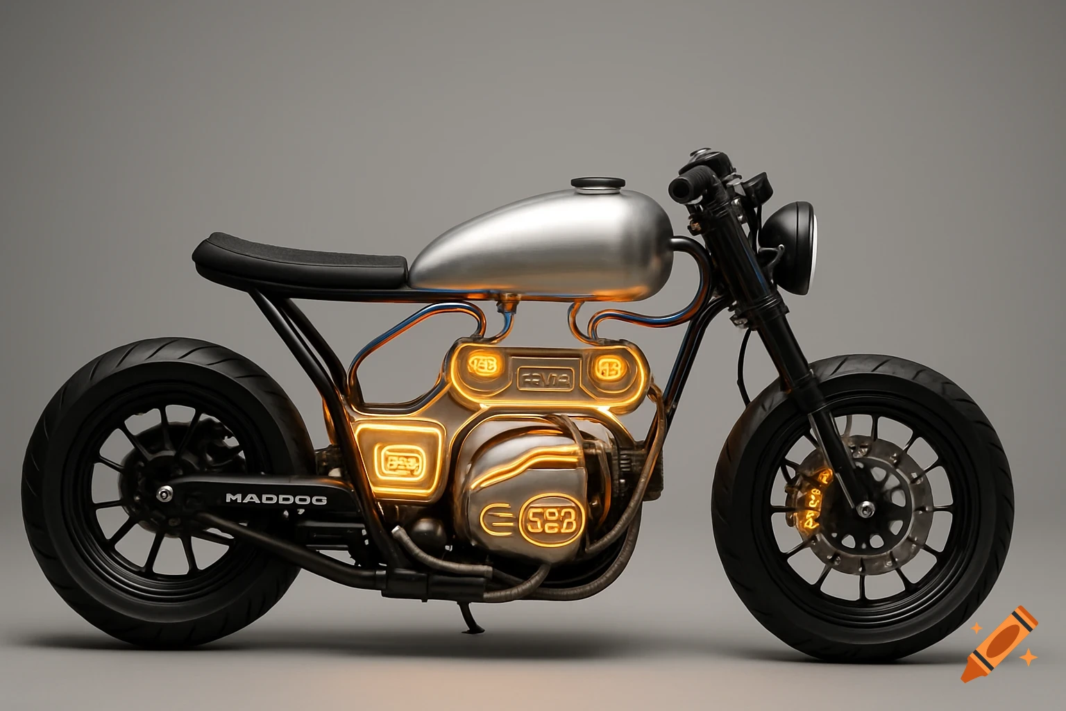 A sleek, silver cafe racer motorcycle with glowing amber engine details ...