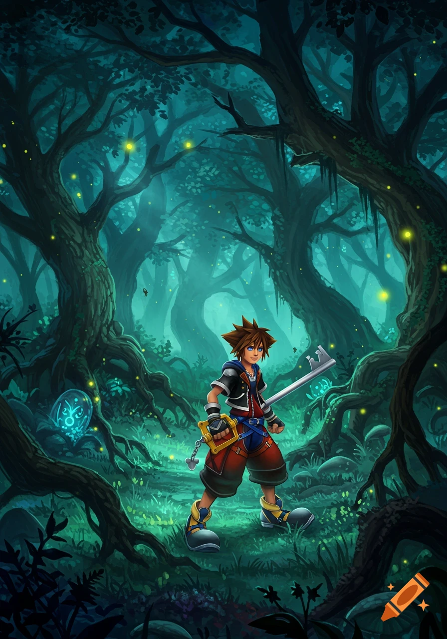 Sora from Kingdom Hearts wields a glowing sword while facing Captain ...