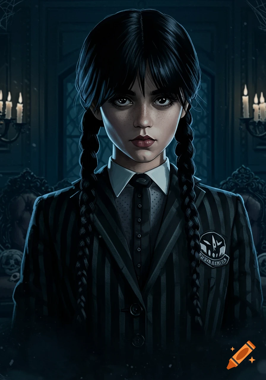 Stylized portrait of Wednesday Addams with black pigtails and a striped ...