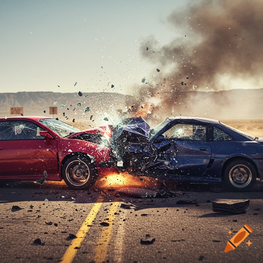 Two cars, a red and a blue one, collide head-on in a desert landscape ...