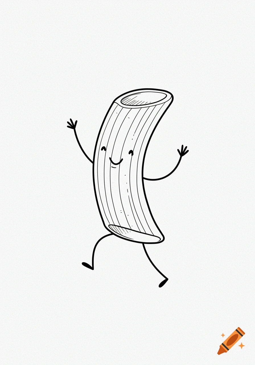 A minimalist black and white line drawing of a happy, dancing piece of ...