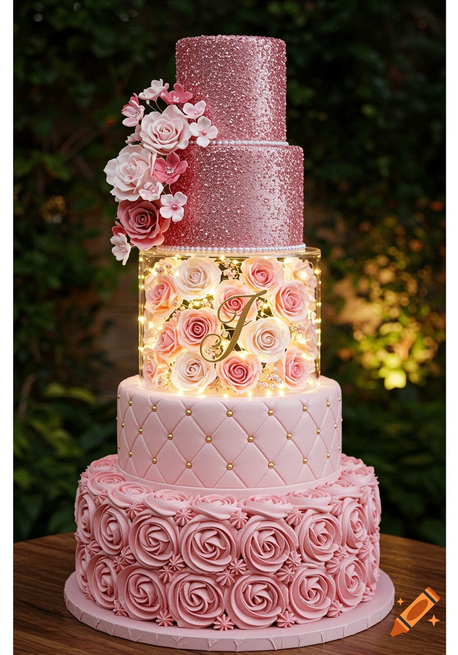 A luxurious four-tier pink cake with glitter, sugar flowers, a glowing ...