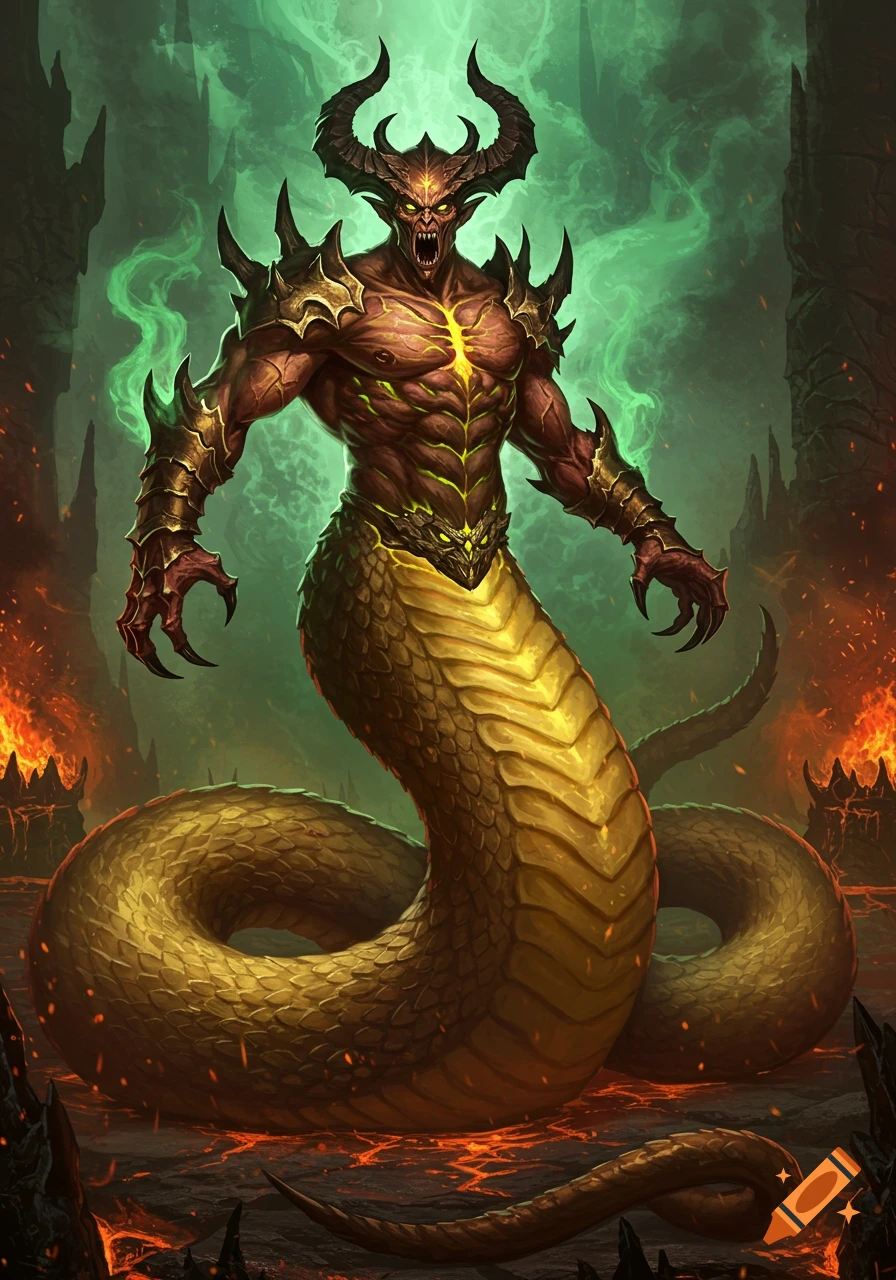 A horned, muscular demon with a serpent's lower body stands in a fiery ...