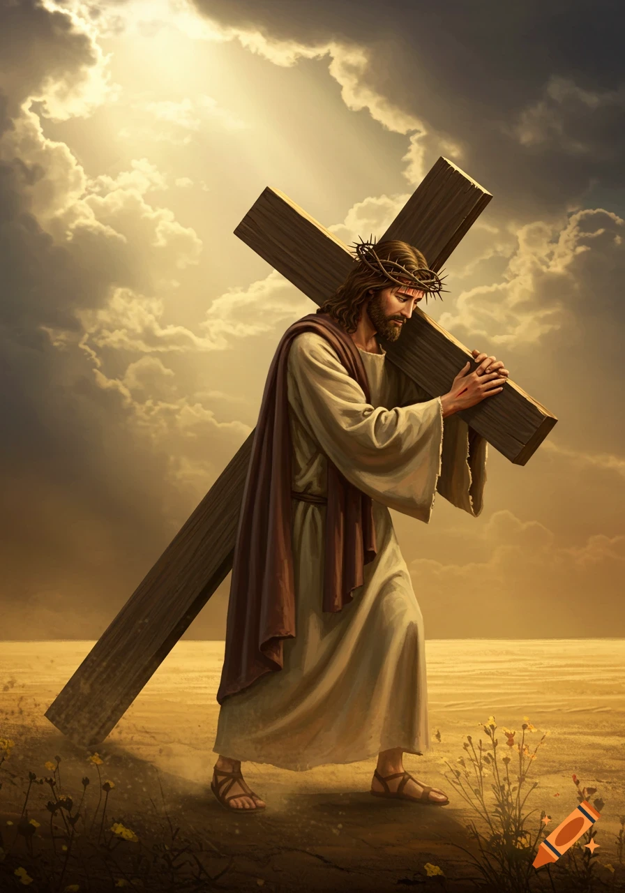 Jesus carries a large wooden cross across a desolate, cracked landscape ...