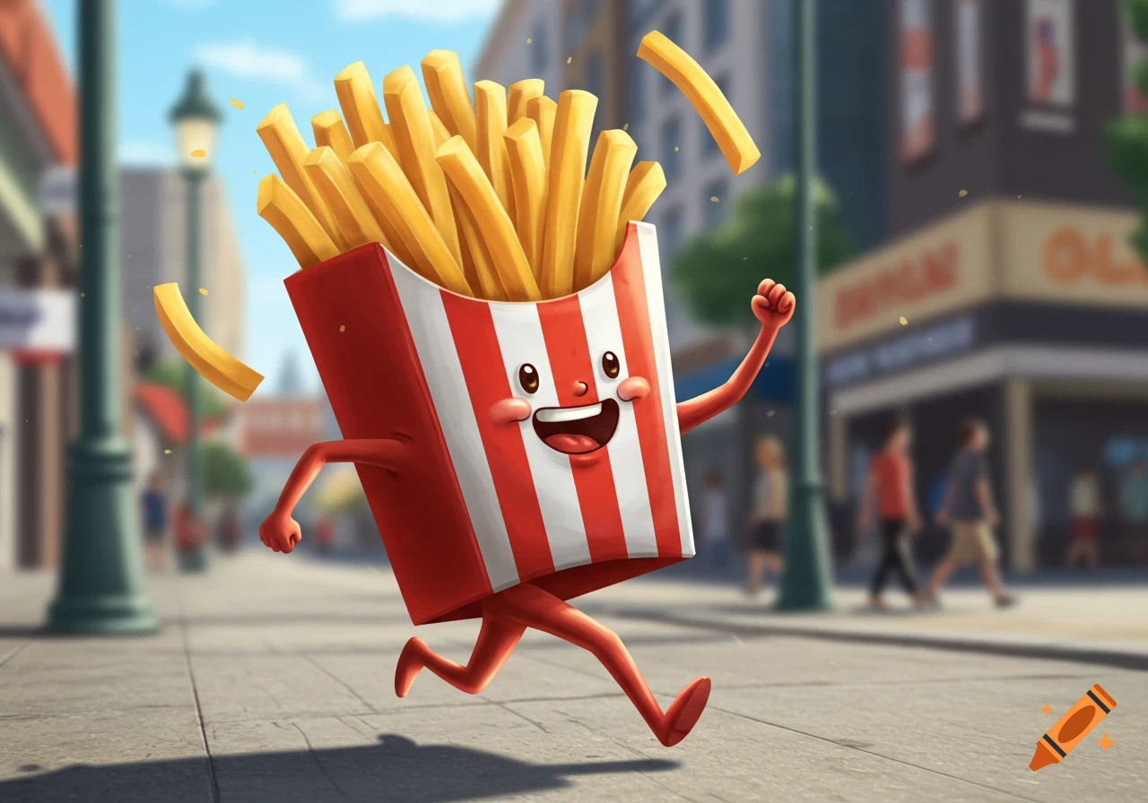 A happy cartoon French fries character with arms and legs runs on a ...