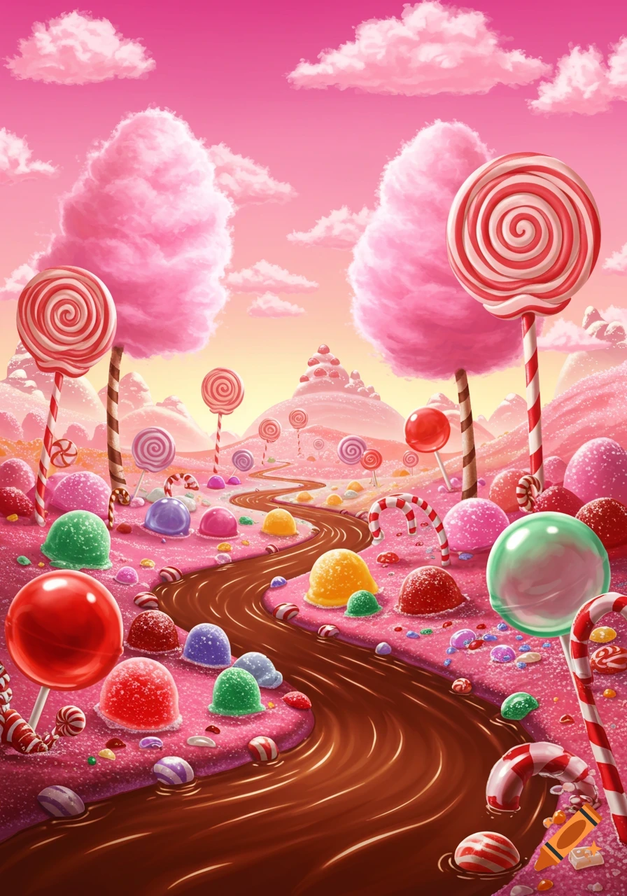 A vibrant, whimsical candy land with cupcake houses, lollipop trees, candy canes, and a winding ...
